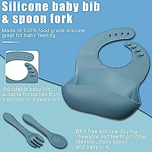 14 Pack Baby Feeding Set, Silicone Baby Led Weaning Feeding Supplies with Suction Bowl Divided Plate Adjustable Bib Soft Spoon Fork Snack Cup with Lid Drinking Cup, Utensil (Blue, Grey)