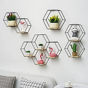 Nordic Hexagonal Wall Iron Frame Small Pot Wall Shelf Solves The Counter Space Problem Household Shelf Storage Rack Suitable for Bathroom, Bedroom, Living Room Black S