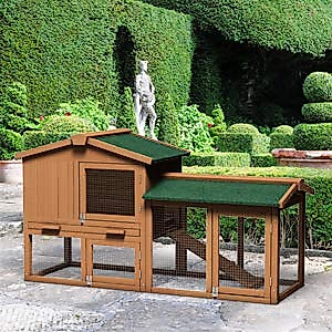 ADTEST Two Tier 58'' Large Wooden Rabbit Hutch, Chicken Coop Bunny Animal Hen Cage House, Pet House for Small Animals with Stairs & Cleaning Tray, Brown