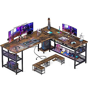 ODK 66" L Shaped Desk with Power Outlet and USB Charging Ports, Reversible L Shaped Computer Desk with Storage Shelves, Home Office Desk, Gaming Desk, Corner Desk, Vintage