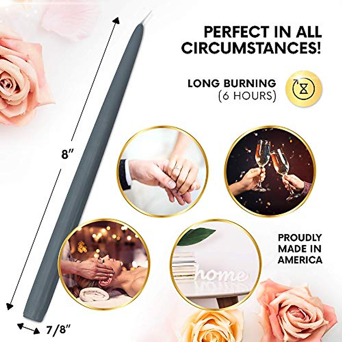 Higlow Gray Long Household Taper Candles 6.5 Long Burning Hours – Smokeless 8-inch Tall Burning Candles for Wedding, Holiday, Ceremonies and Home Decoration - Pack of 12 Dinner Dripless Candles (GREY)