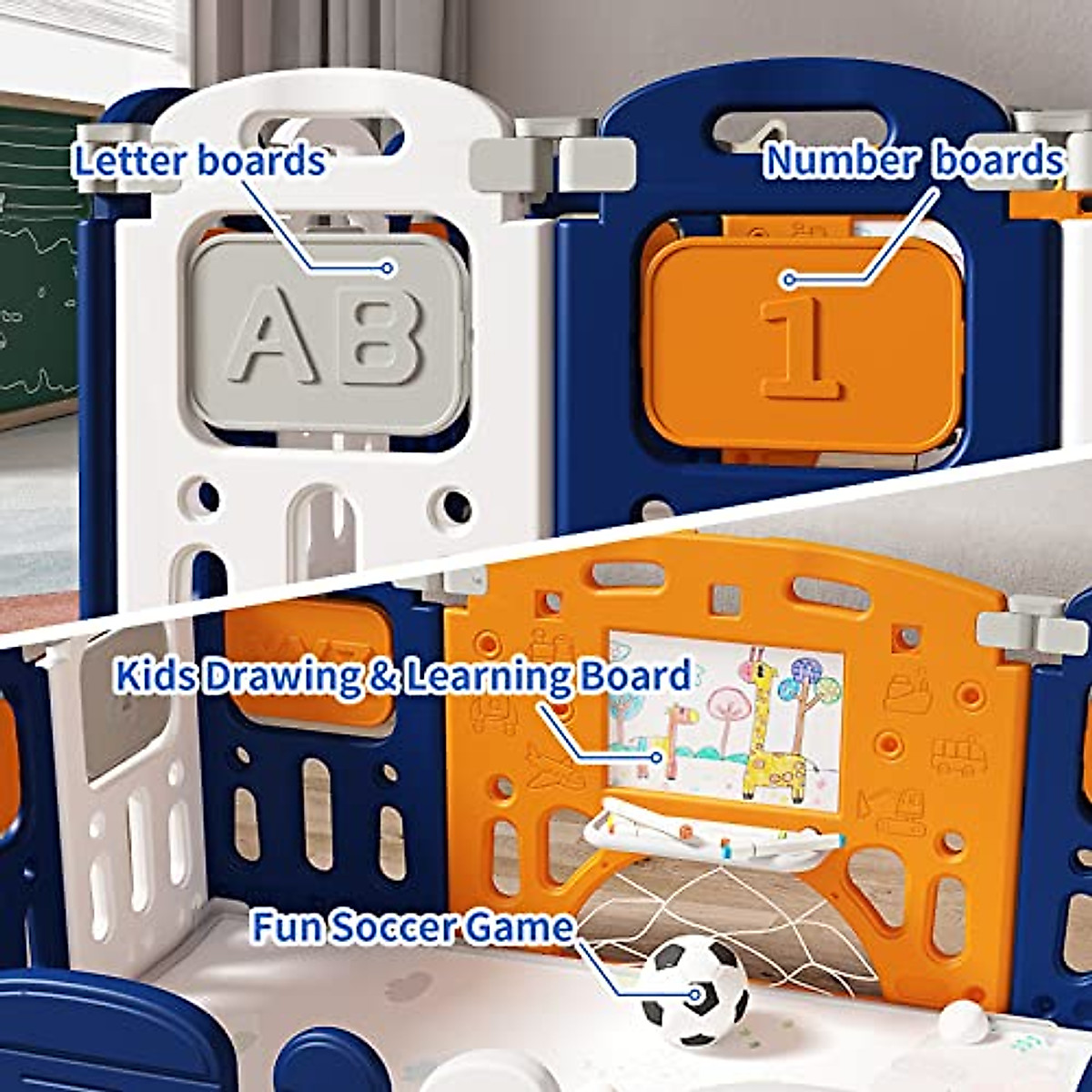 UNICOO Baby Early Education Playpen, Foldable Kids Fence, with Door Lock and Games Station Non-Slip Rubber Bases, Adjustable Shape, Portable Design for Indoor Outdoor Use (Dark Blue + White)