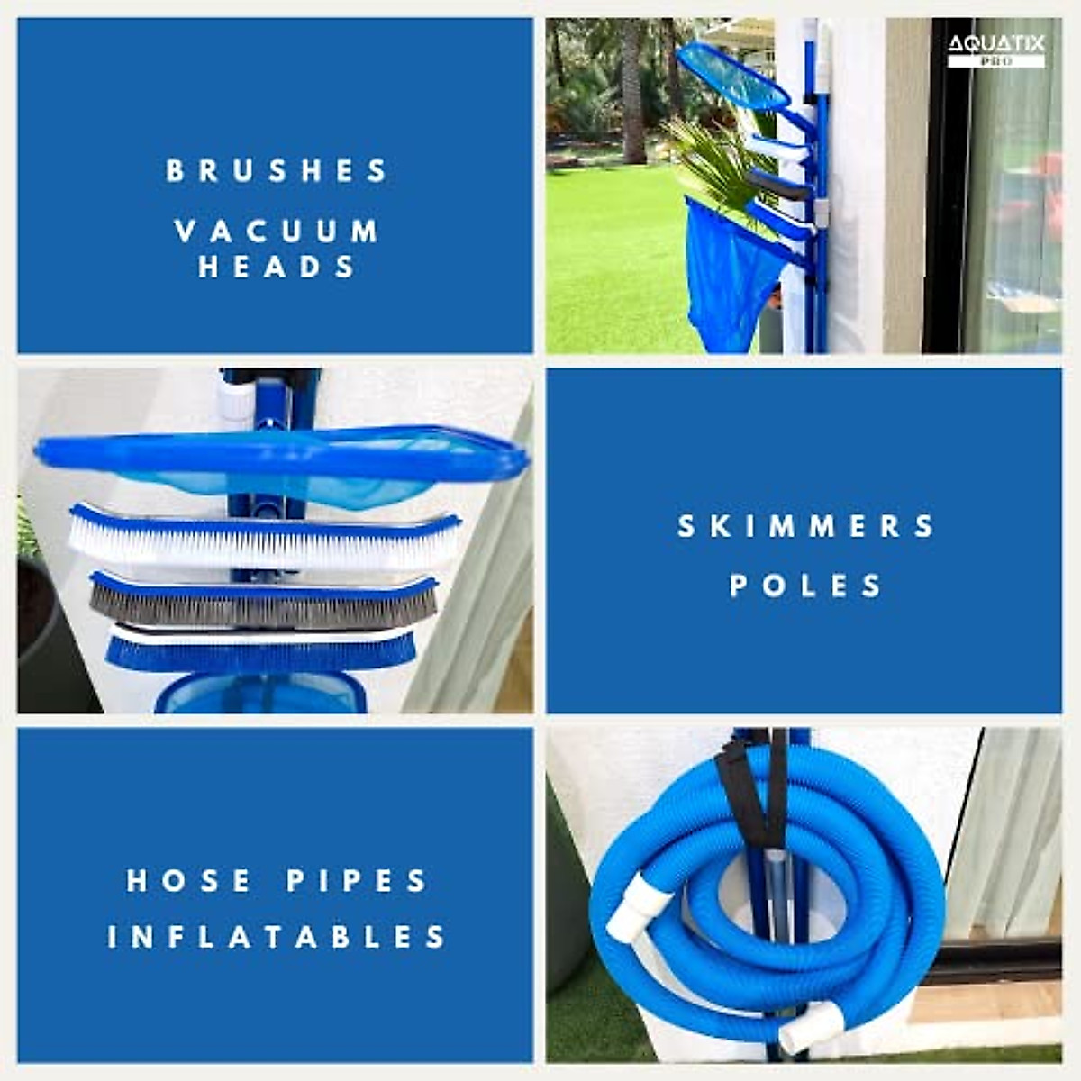 Aquatix Pro Pool Accessory Holder, Hanger & Organizer, Complete Kit, 110lbs Holding Power, Best for Swimming Pool Pole, Brush, Skimmer & Vacuum Head, Caddy for all Accessories & Attachments, Rustproof