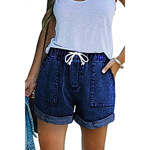 NEYOUQE Women Plus Size Curvy Outfit Dark Blue Jean Shorts with Pockets Womens high Waisted Elastic Waist Workout Biker Athletic Running for Women Casual Summer Ripped Denim Shorts Lounge Cotton XL