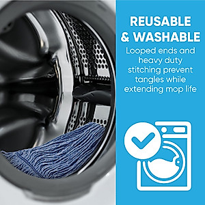 20oz Heavy Duty Cleaning Mop Head Replacement - 4 Pack - Commercial Replacement, Wet Industrial Blue Cotton Looped End String Head Refill