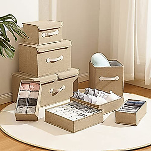 Pack of 2 Foldable Storage Boxes, Linen Imitation Fabric Sturdy Storage Box With Lid and Handle Washable, Storage Quilt, Clothes, Toys, Suitable for Home Bedroom Closet Office (10.4x7.9x6.3/2-Pack, Khaki)