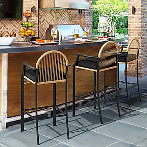 YITAHOME 3-Piece Outdoor Wicker Bar Height Set with Cushioned Barstools, Patio Bistro Furniture for Balcony and Poolside, Black+Light Yellow