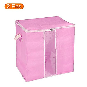 uxcell Clothes Storage Bag 2pcs Comforters Storage Bags Foldable Clothing Storage Containers with Reinforced Handle & Sturdy Zipper, Closet Organizer with Clear Window-Pink