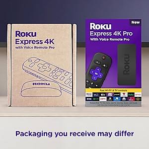 Roku Express 4K Pro with Voice Remote Pro - Roku Streaming Device 4K/HDR, Rechargeable Roku Remote, Hands-Free Controls, Lost Remote Finder, Free & Live TV - Amazon Exclusive