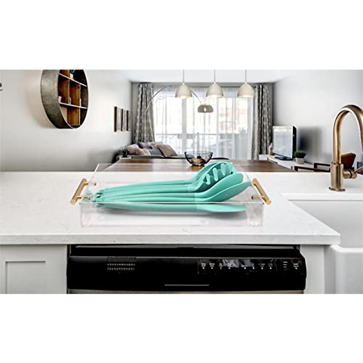 11x14 Clear Acrylic Tray with Gold Handle,Rectangular Acrylic Decorative Tray for Home Decor,Party,Ottoman,Makeup,Spill-Proof Acrylic Serving Tray for Food,Breakfast,Coffee