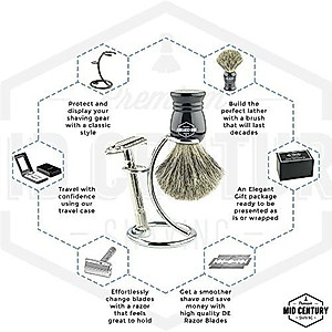MCS Premium Safety Razor Shaving Kit: Complete Wet Shave Set w/Double Edge Razor, Pure Badger Brush, Heavy Chrome Stand, Travel Case, Extra Blades & Gift Box (Black)