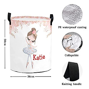 MakeUnique Ballerina Girl Rose Flowers Custom Collapsible Laundry Baskets with Name Waterproof Clothes Laundry Hampers Boys Girls Toy and Sundries Storage Bag with Handles, 19.69inch(H)x14.17inch(D)