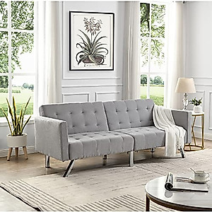 75"Convertible Folding Futon Sofa Bed,Split Back Design,Modern Fabric Sleeper Couch Bed with Armrest and Chrome Legs,Upholstered Recliner Loveseat for Living Room Apartment Dorms Office (Light Grey)