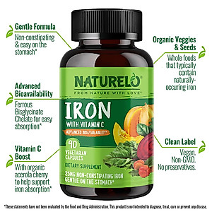 NATURELO Vegan Iron Supplement with Vitamin C and Organic Whole Foods - Gentle Pills for Women & Men w/Iron Deficiency Including Pregnancy, Anemia Diets 90 Mini Capsules