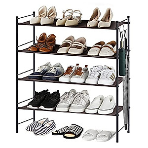 smusei Shoe Rack for Entryway 4 Tier Freestanding Adjustable Expandable Sturdy Closet Fabric Shoe Rack Storage Organizer with 2 Metal Hooks for Home, Dorm, Hallway, Bronze