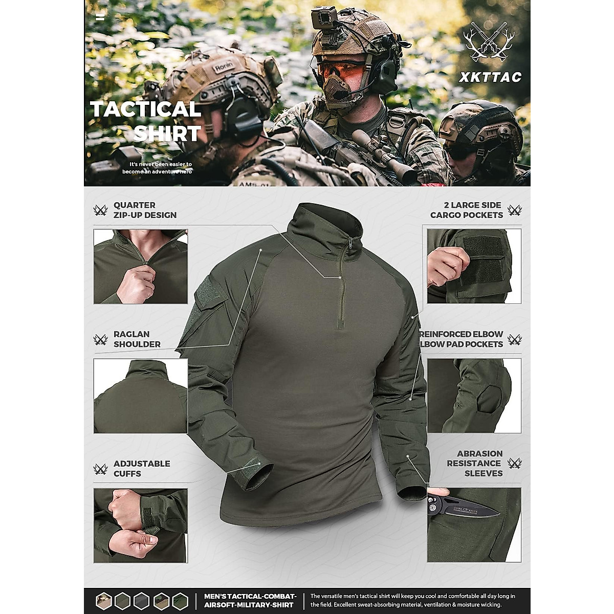 XKTTAC G3 Combat Tactical Shirt for Men with 2-4 Pockets Airsoft-Military-Paintball-Camping Gear Multicam Army BDU TOP Security Clothes（Green/2 Pockets，S）
