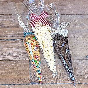 Large Cone Cellophane Bags,7x15 Inches 200 PCS Plastic Popcorn Cone Bags for Party, Clear Cone Shaped Treat Bags with Twist Ties