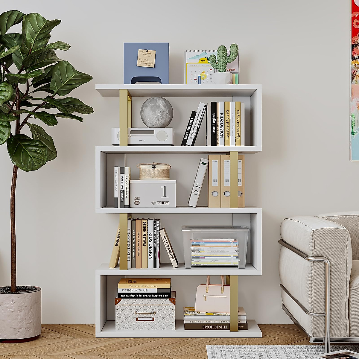 SORCEDAS Bookshelf Geometric Bookcase S Shaped Industrial Bookshelf Storage Display Stand Shelf for Living Room Bedroom and Office Room (White, 4 Tier)