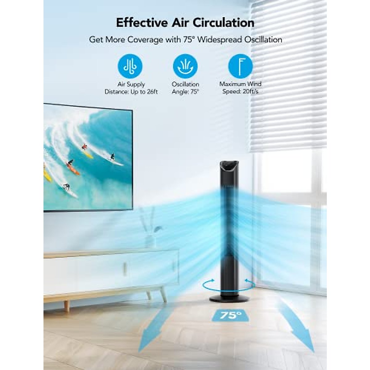 Govee Smart Tower Fan for Bedroom with Hygrometer Thermometer H5177, WiFi Oscillating Fan with Auto Mode, App Control, Room Fan with 8 Speeds 3 Modes, 24H Timer, Works with Alexa for Home Office