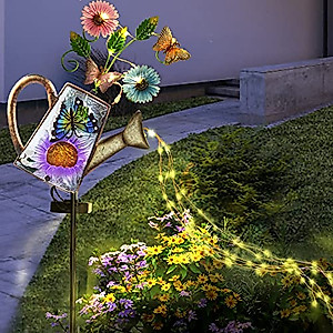 Solar Outdoor Watering Can Lights-Butterfly Decorative Path Lights, Metal Glass Solar Powered Garden Waterfall Decor Ornament for Yard Lighting Outside