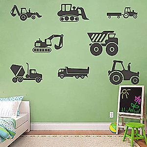 ANFRJJI Construction Vehicle Wall Decal - Excavator Bulldozer Mixer Truck PVC Removable Wall Sticker with 8 City Construction Vehicles - Construction Truck Tractor Peel and Stick for Kids Room Art Murals DecorationsJWH130 (black)