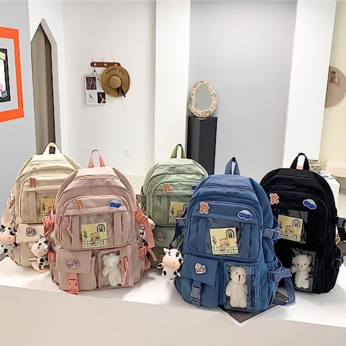srdmuph Kawaii Backpack with Cute Accessories Pin Pendant Travel Laptop Bag Large Outdoor Waterproof Casual Daypack Women (Green)