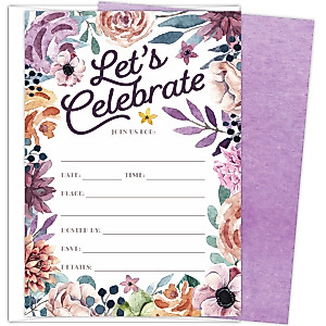 Purple Vintage Floral Set of 25 Fill-in Invitations and Envelopes for Bridal Showers, Baby Showers, Birthdays, Graduations, Dinner Parties, Soirees, Rehearsal Dinners and Bachelorette Parties.