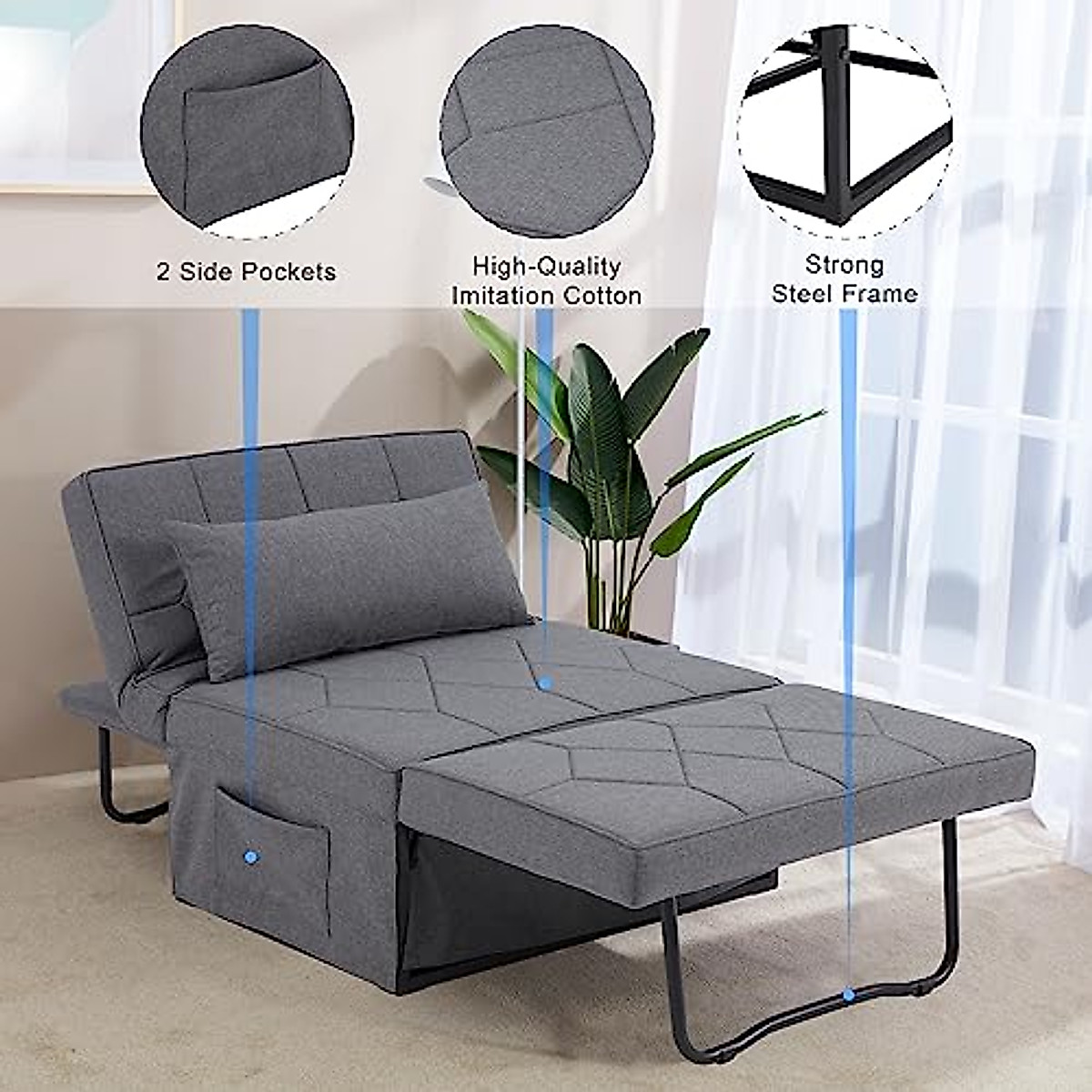 Mdeam Upgraded Sleeper Chair Bed Sofa Bed 4 in 1 Multi-Function Folding Ottoman Bed with Adjustable Backrest for Small Apartment/Living Room,No Installation(Light Gray)