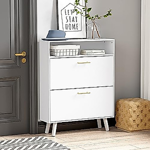 SINROM Shoe Cabinet for Entryway, Slim Shoe Storage Cabinet with 2 Flip Drawers, Freestanding Shoe Organizer with Open Shelf for Hallway, White