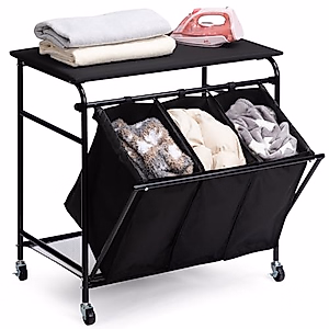 HollyHOME 3 Section Rolling Laundry Sorter Cart with Fixed Ironing Board Laundry Hamper Room Organization with 4 Wheels and Table Top Lid Removable Bags Black