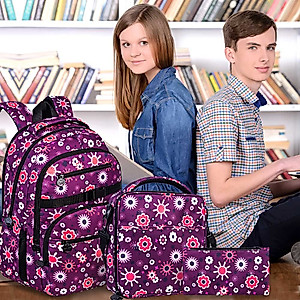 TXHVO 3Pcs Backpack for Girls, Water Resistant Flowers Bookbag, Elementary Backpacks for Teens Students School with USB Charging Port (Purple)