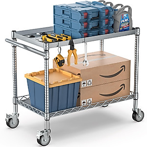 Leteuke 2 Tier Utility Cart with Wheels, NSF Certified 900LBS Capacity Heavy Duty Rolling Utility Carts with Handle Bar, Commercial Grade Metal Serving Storage Cart for Warehouse Garage Kitchen,Silver