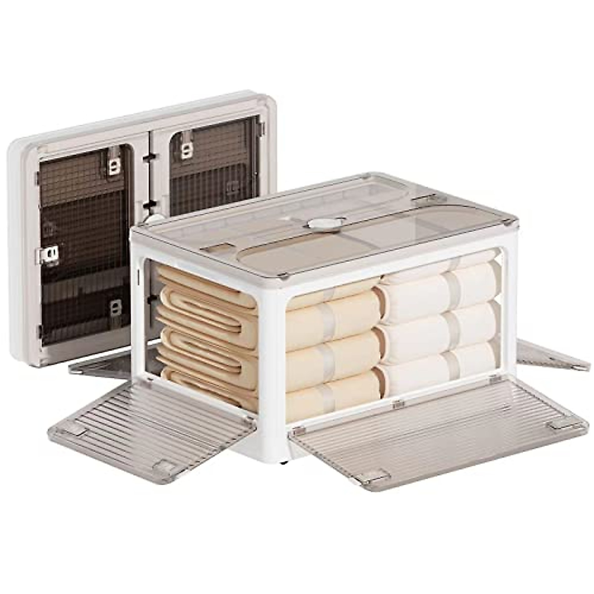 2Pack 44 Qt Collapsible Storage Bins with Lids, 10 Gal Foldable Plastic Storage Box with Wheels, Clear Storage Containers, Stackable Storage Bins, Containers for Organizing, Storage Box with Door