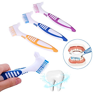 EvaGO 3 Pcs Denture Cleaning Brush with Multi-Layered Bristles and Ergonomic Rubber Handle Portable Denture Brush Double Sided Brush for False Teeth Cleaning (Blue, Purple, Orange)