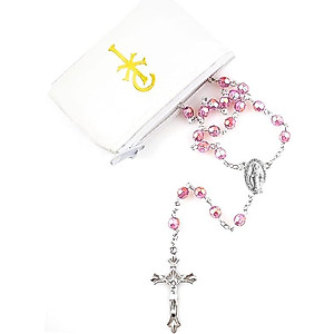 Catholic 6mm beads Woman or Girl Pink Pearl Rosary with White Vinyl Rosary Case with gold accent (Light Pink)