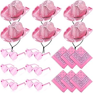 6 Pack Light Cowboy Hat Space Cowgirl Hat Led Flashing Hat with 6 Heart Glasses 6 Paisley Bandanna Western Cowboy Costume (Pink)
