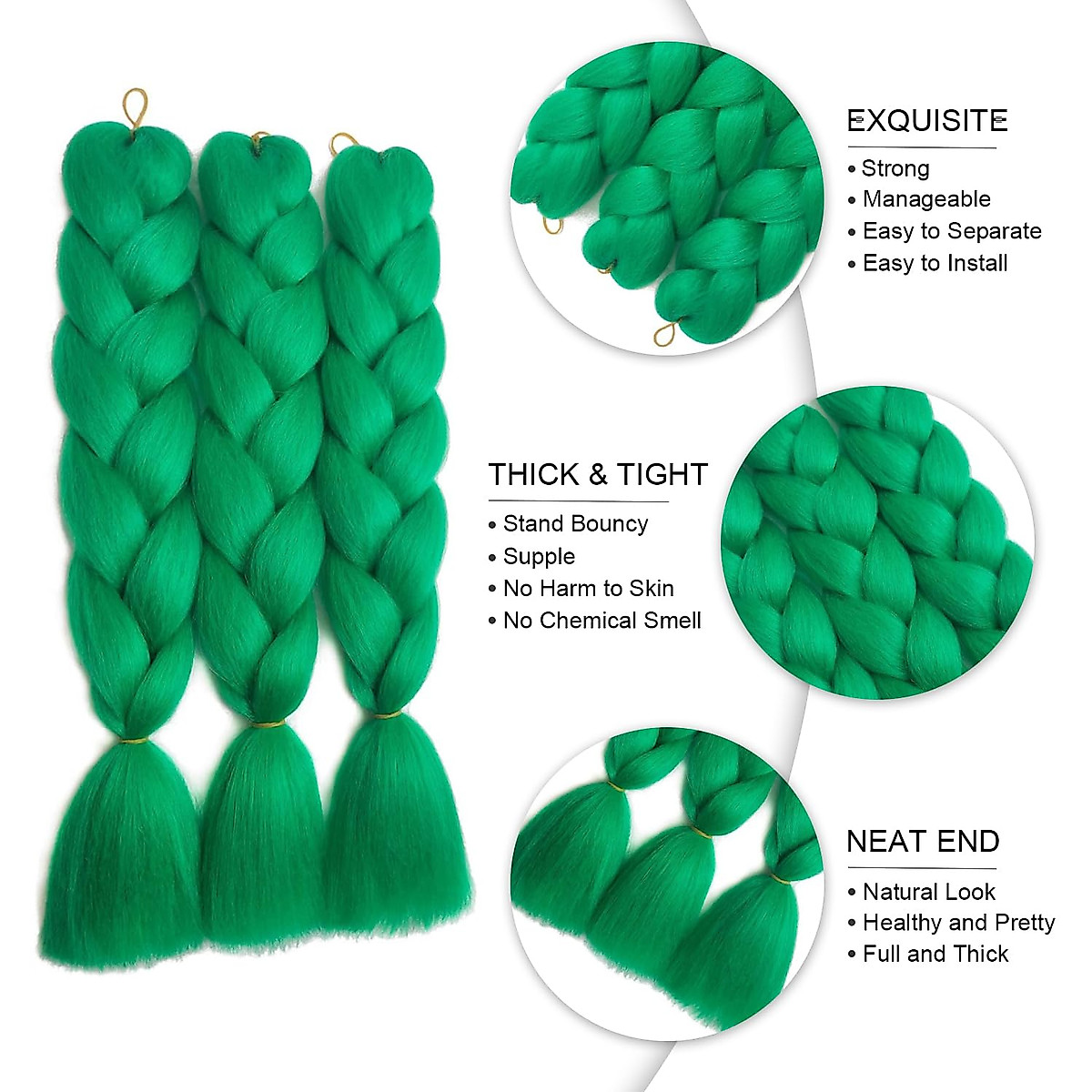 SuCoo Braiding Hair Extensions High Temperature Synthetic Fiber Jumbo Braiding Hair Extensions Crochet Twist Braids with Small Free Gifts 24inch 3pcs/lot(Dark Green)