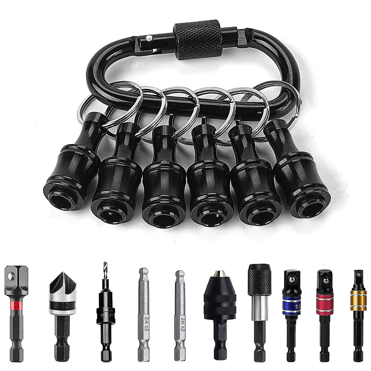 LUEXBOX 1/4 Inch Bit Holder Keychain, Hex Screwdriver Bits Holder Extension Bar, Quick Change Screw Bit Holder for Most Electric, Hand-held Screwdrivers and Drill Bits (A: Black 6pack)