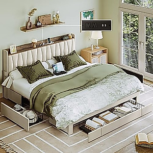 ANCTOR King Size Bed Frame with Storage Headboard and Charging Station, Upholstered Platform Bed with 3 Drawers, No Box Spring Needed, Easy Assembly, Beige