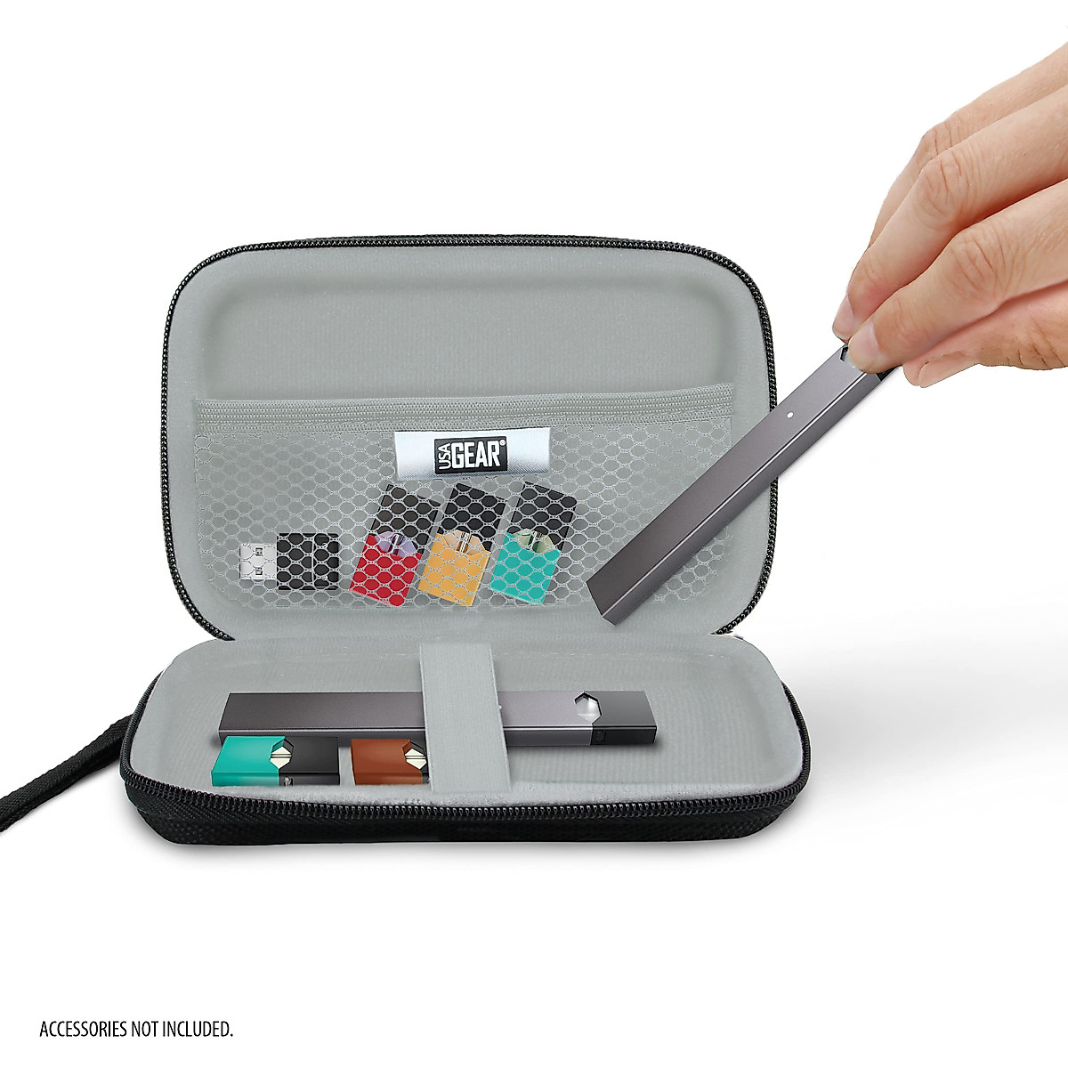 USA GEAR Vape Case - Vape Pen Case with eCigarette and Pod Travel Storage - Water Resistant, Wrist Strap, Compact Design, Hard Shell Exterior - Compatible with Vape Pens and More - Black (Case Only)