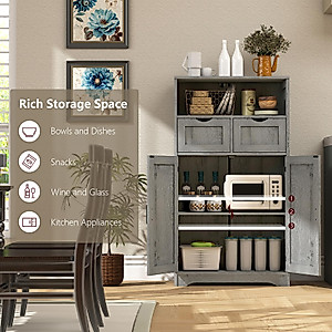 WEENFON Bathroom Cabinet, Storage Cabinet with 2 Adjustable Drawers & 2 Barn Doors, Standing Cupboard with 2 Shelf, Floor Cabinet for Living Room, Home Office, Kitchen, Grey