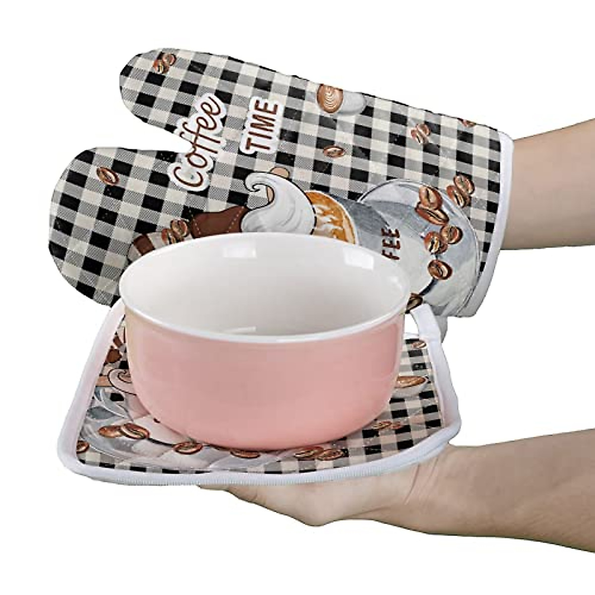 Oven Mitts, Coffee Time Anti-Skid Cooking Gloves for BBQ, Microwave, Baking, Cooking, Thermal Insulation Hot Pads Potholders for Handling Hot Cookware Gnome Coffee Beans Black-White Plaid