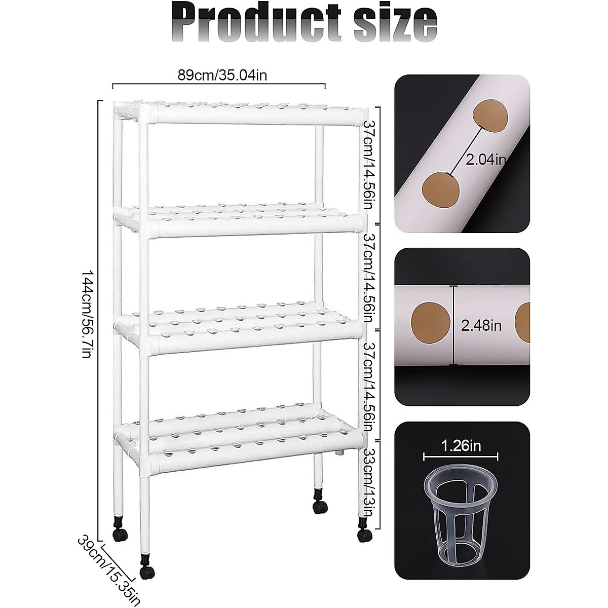 4 Layer Hydroponic Grow Kit with Wheels 108 Sites 12 Pipes Hydroponic Planting Equipment with Water Pump Hydroponic Growing System with Grow Baskets and Sponges