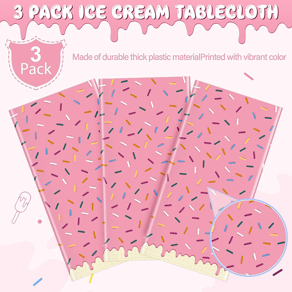 3Pcs Sprinkle Donut Tablecloth, Pink Ice Cream Table Cloth Disposable Plastic Rectangle Table Covers for Baby Girl Sweet One Birthday Donut Grow Up Donut Themed Party Decorations, 54 X 108 Inch