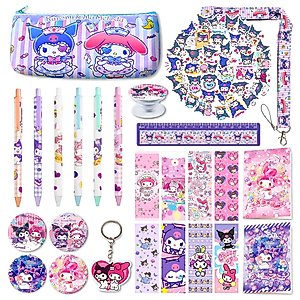 FETELAZ Cute Melody Kuromi Accessories School Supplies, Including Notebook Pencil Case Pens Stickers Button Pins Lanyard Keychain Ruler Bookmarks Phone Ring Holder