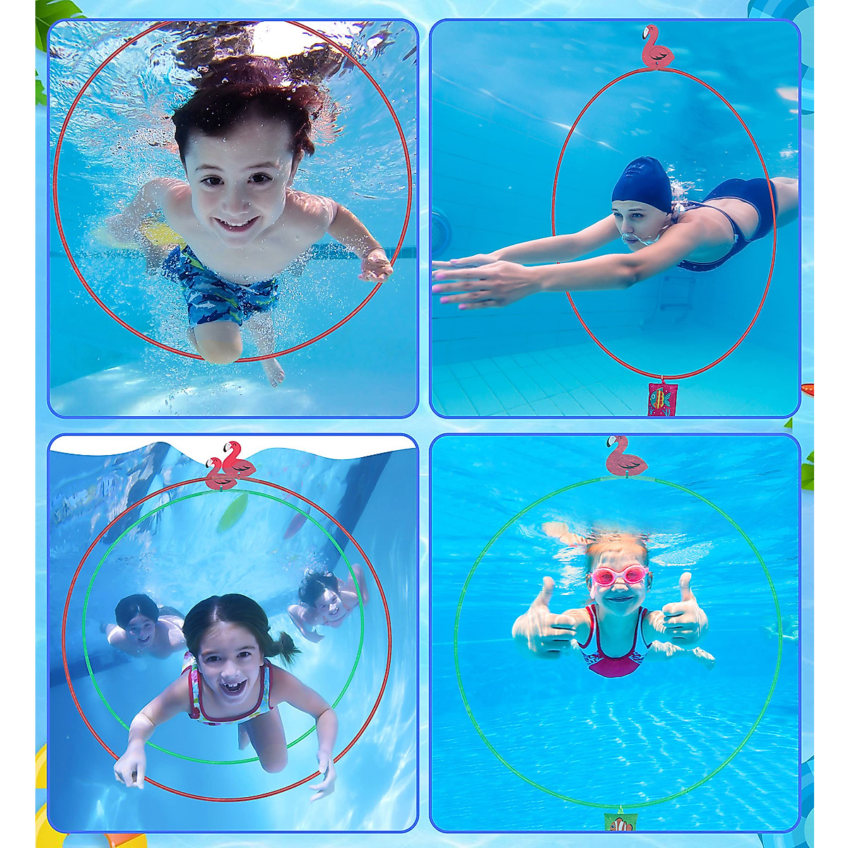 15PCS Pool Toys Games Set-5 Diving Through Swim Rings + 5 Flamingo Buoys + 5 Sand Bags for Kids 3,4,5,6,7,8,9,10,11,12 Adults-Swimming Thru Pool Hoop Accessories Water Sport Gifts (Assembly Needed)