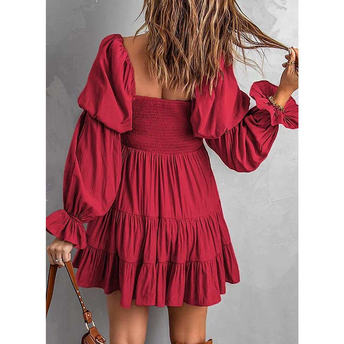Dokotoo Womens Juniors Cute Spring Casual Summer Dress Sexy Off The Shoulder V Neck Long Sleeve Ruffle Solid Flowy Empire Waist Mini Short Dress Party Birthday Dresses for Women Red Large