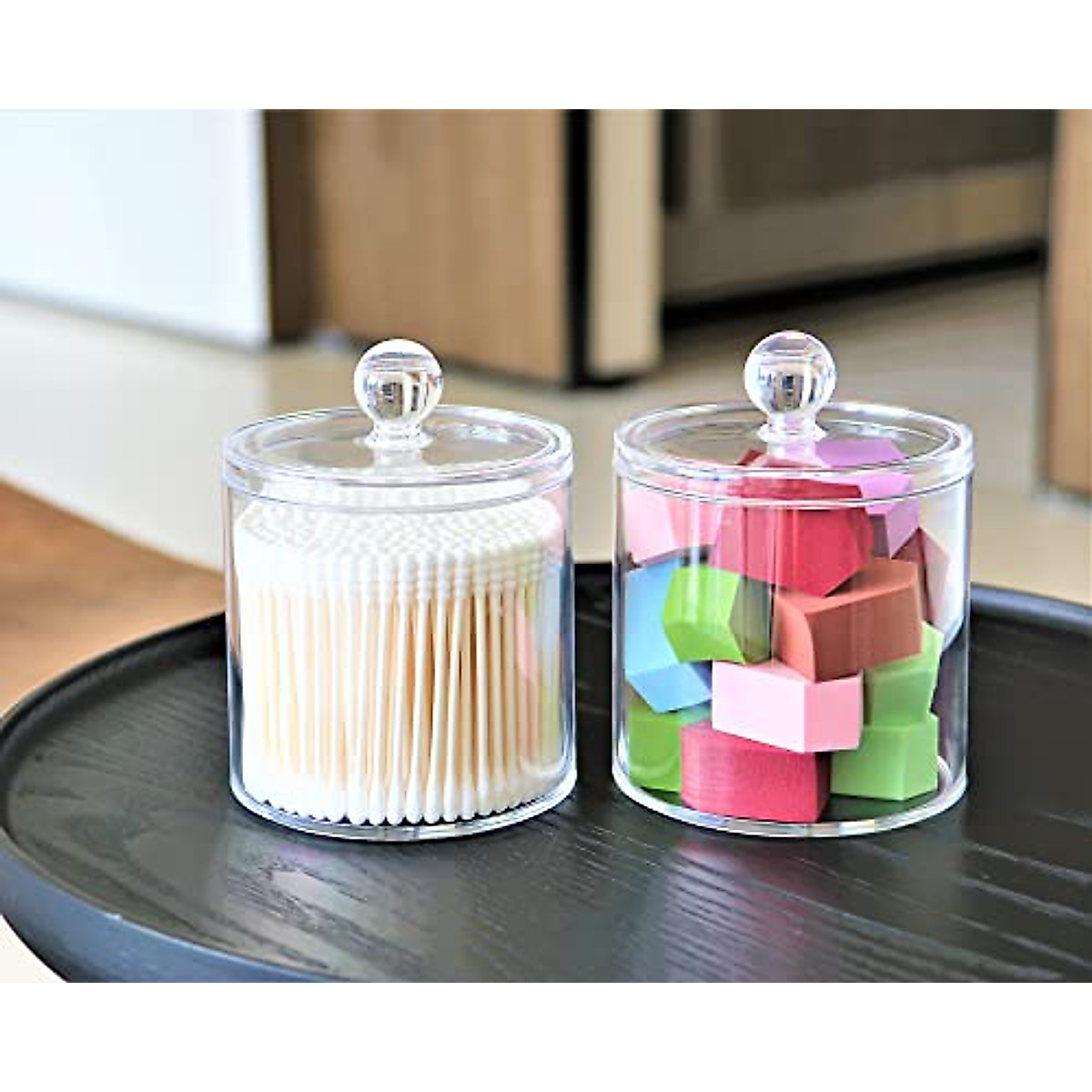 DAPOWER 20-Ounce Qtip Holder Storage Canister Set of 2, Clear Plastic Apothecary Jar with Lid, Bathroom Makeup Organizer for Cotton Ball, Cotton Swab, Pads, Powder Puffs (2)