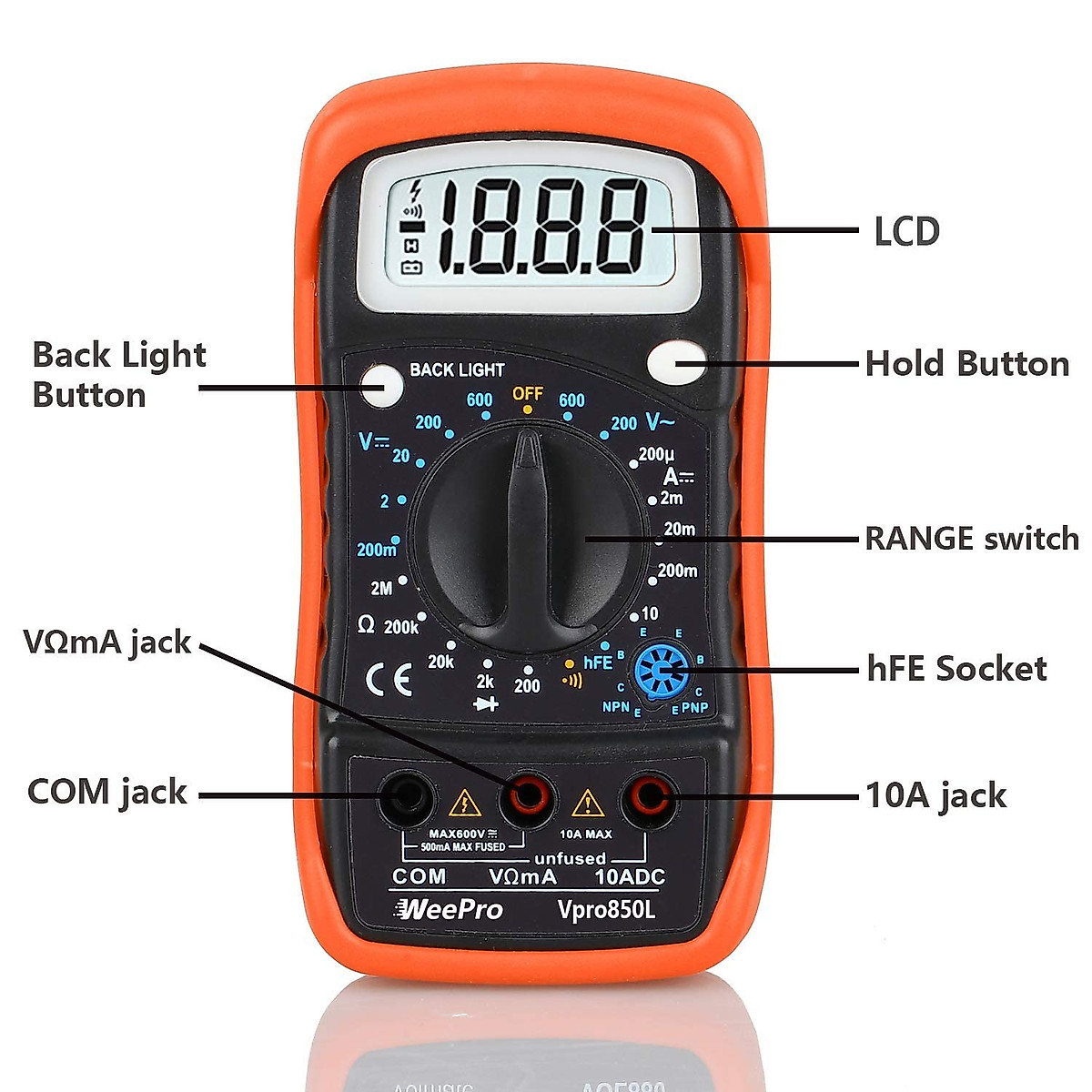 WeePro Vpro850L Digital Multimeter DC AC Voltmeter, Ohm Volt Amp Test Meter, Electric Tester Ohmmeter with Diode and Continuity Detector, Backlit Display and Insulated Rubber Case Kickstand