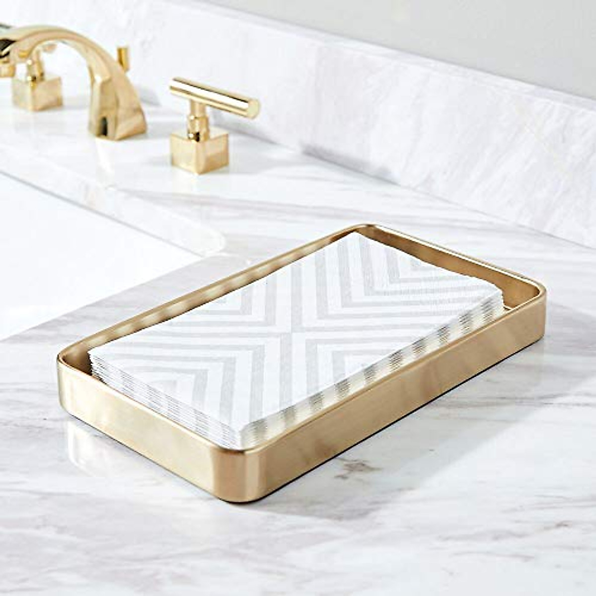 mDesign Modern Decorative Metal Guest Hand Towel Tray Holder Organizer for Disposable Paper Napkins, Jewelry, Makeup - Bathroom Vanity Sink Counter Organization - Unity Collection - Soft Brass